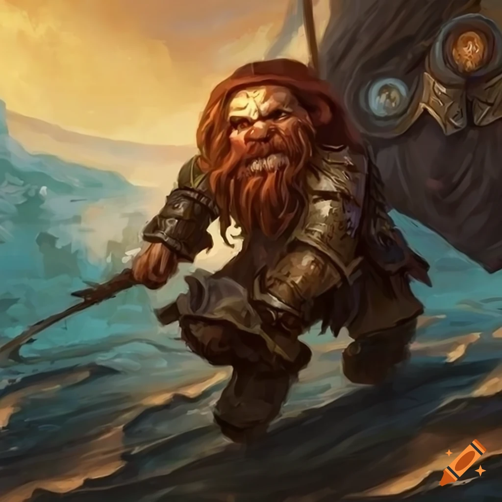Fantasy art of a dwarf artificer on a pirate skyship on Craiyon