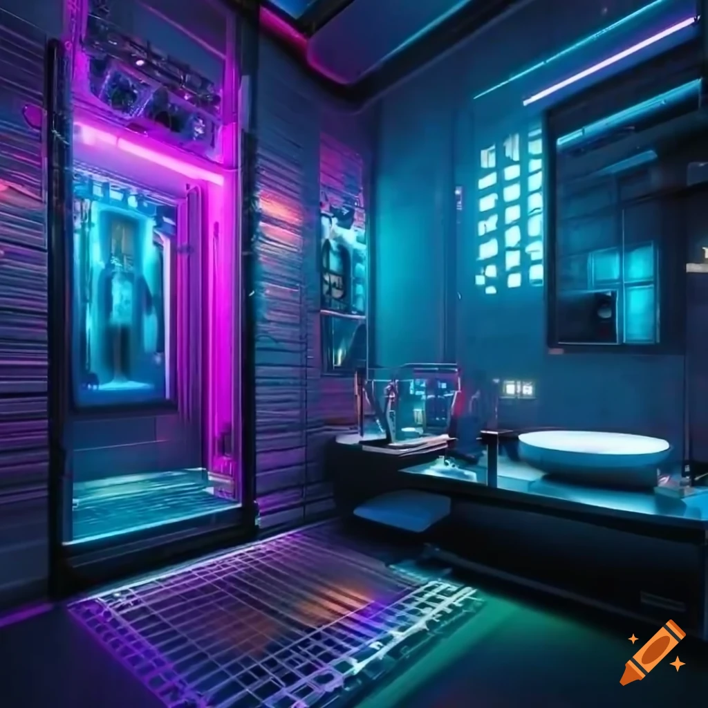Luxurious cyberpunk bathroom at night on Craiyon