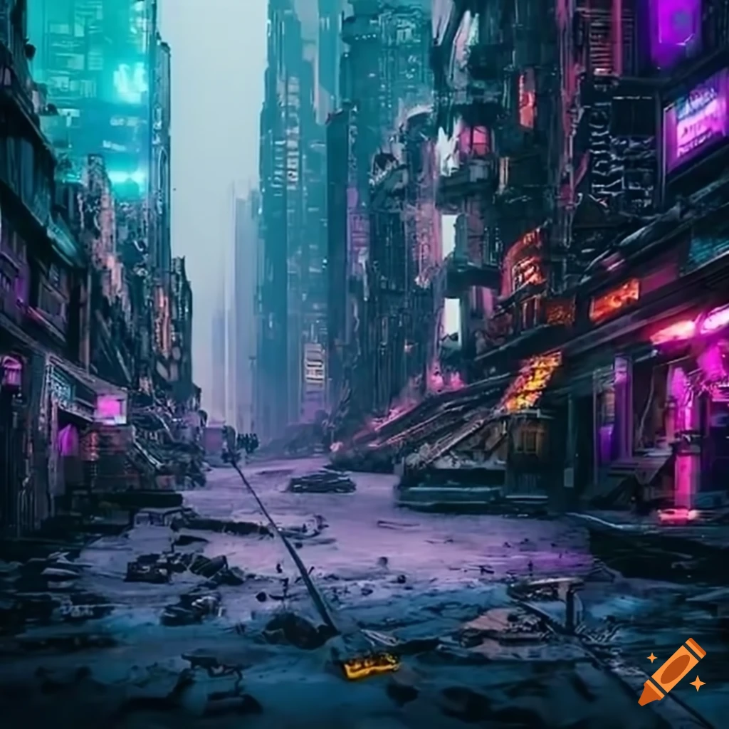 Cyberpunk city destroyed by blizzard on Craiyon
