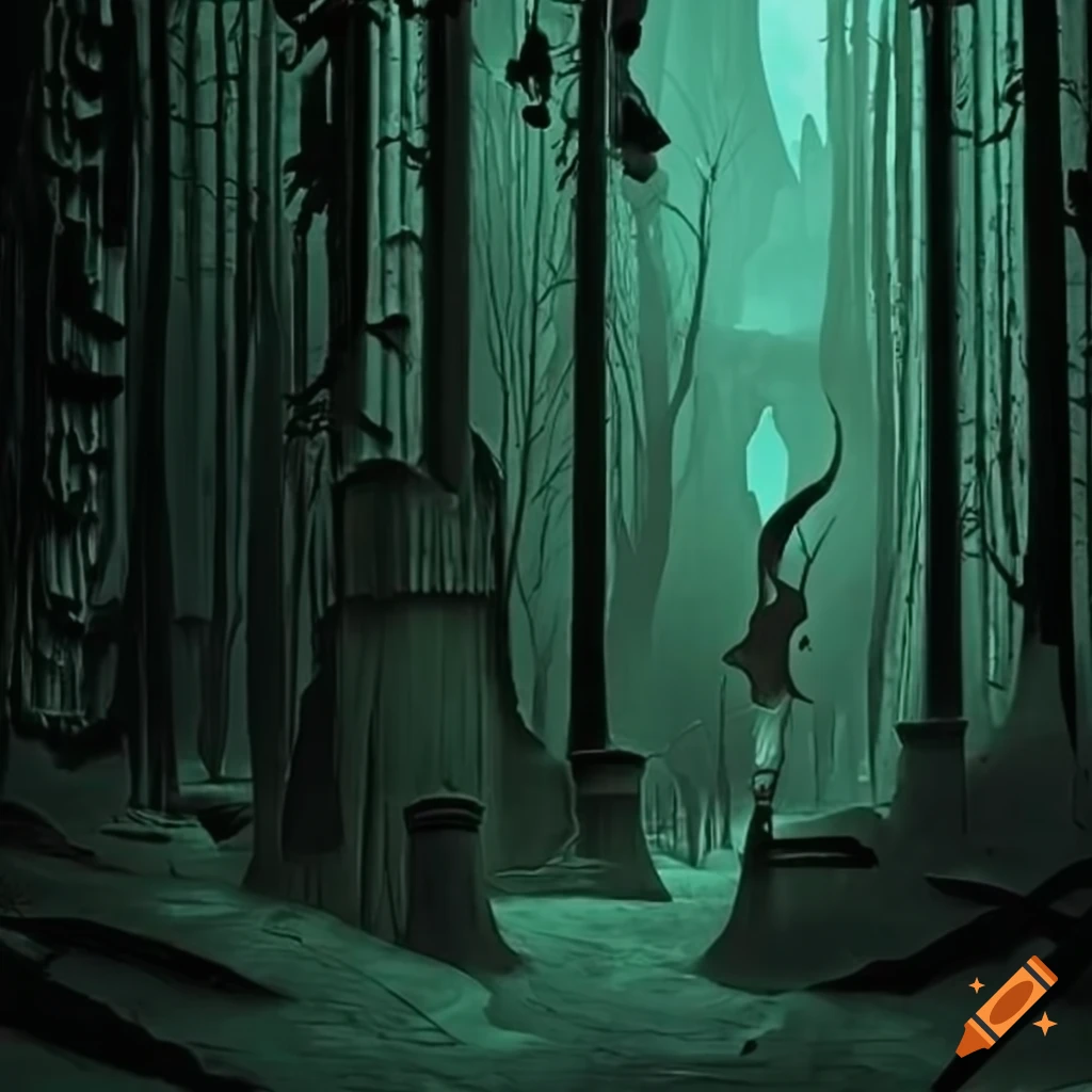 Art deco style illustration of a spooky woods on Craiyon