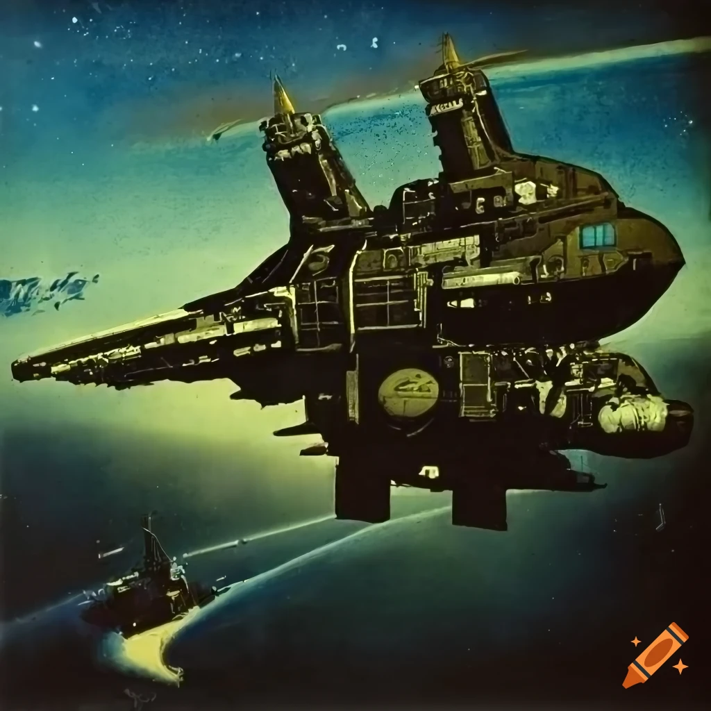 Vintage sci-fi artwork of a capital ship in outer space on Craiyon