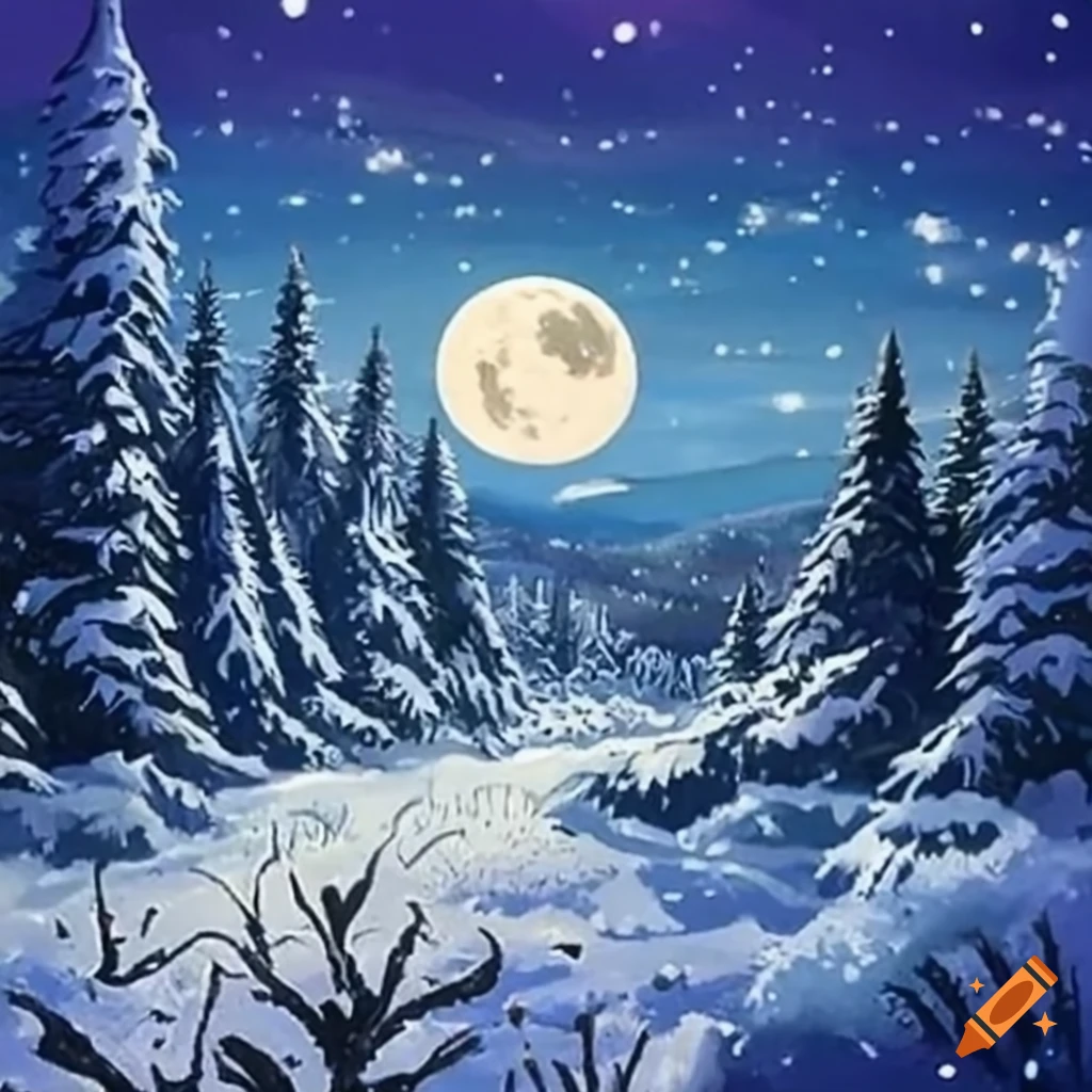 Studio ghibli style snowy forest with full moon on Craiyon