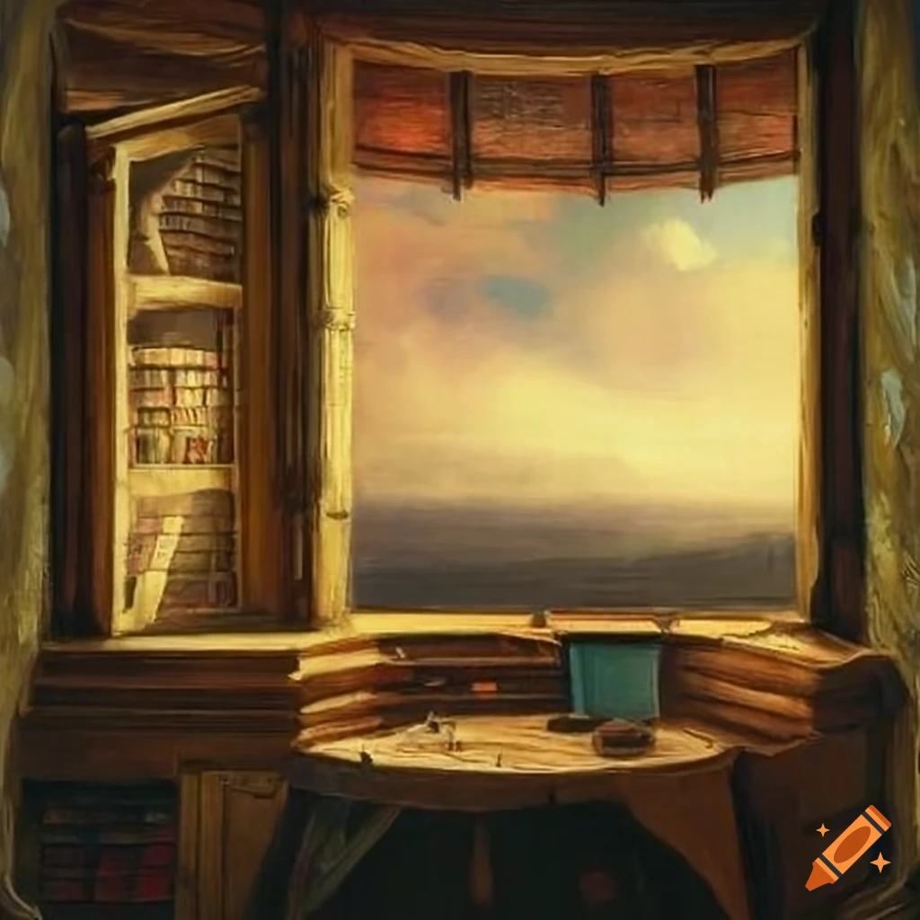 Fantasy study with library and scenic view on Craiyon