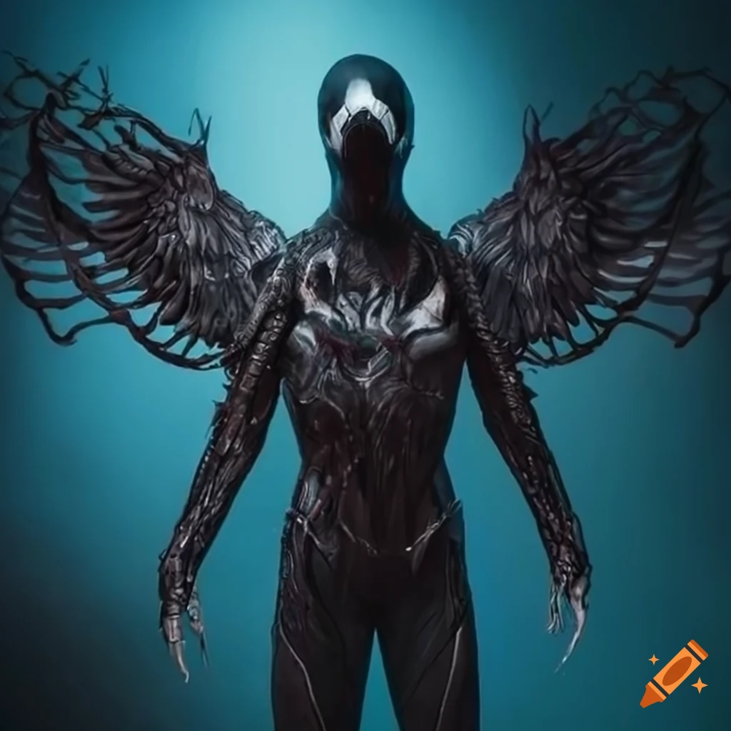 Detailed artwork of a battle suit with symbiote wings and arcane rune ...