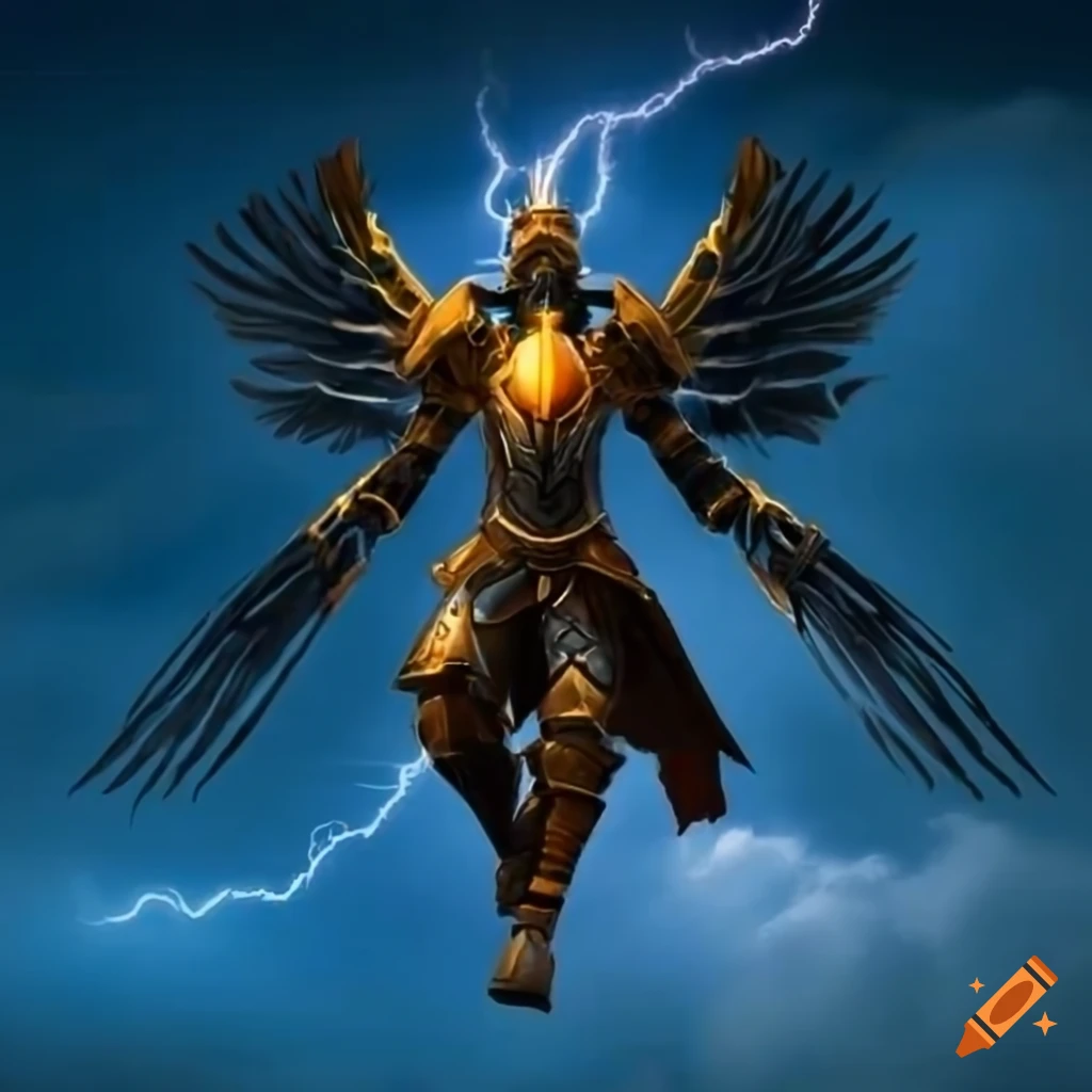 Artwork of a phoenix with samurai armor in a stormy sky on Craiyon