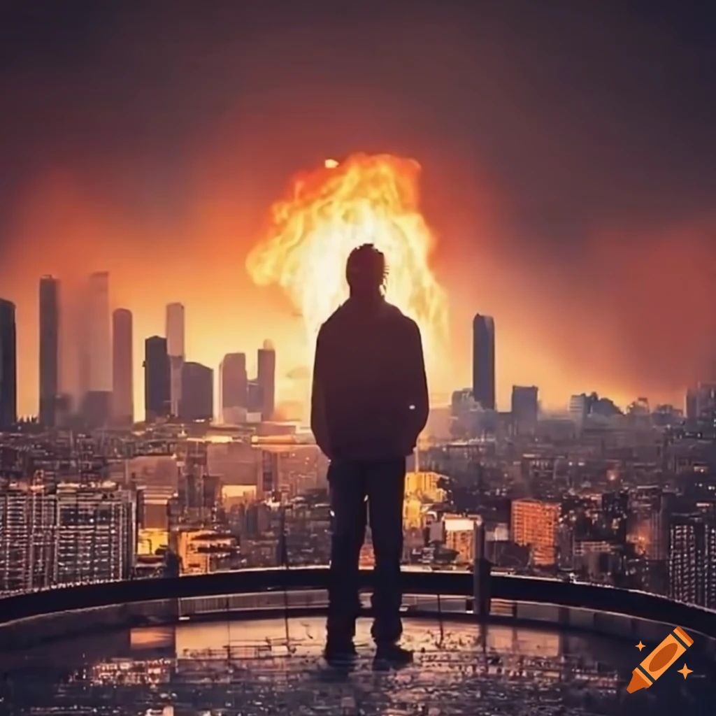 Man overlooking burning city from penthouse on Craiyon