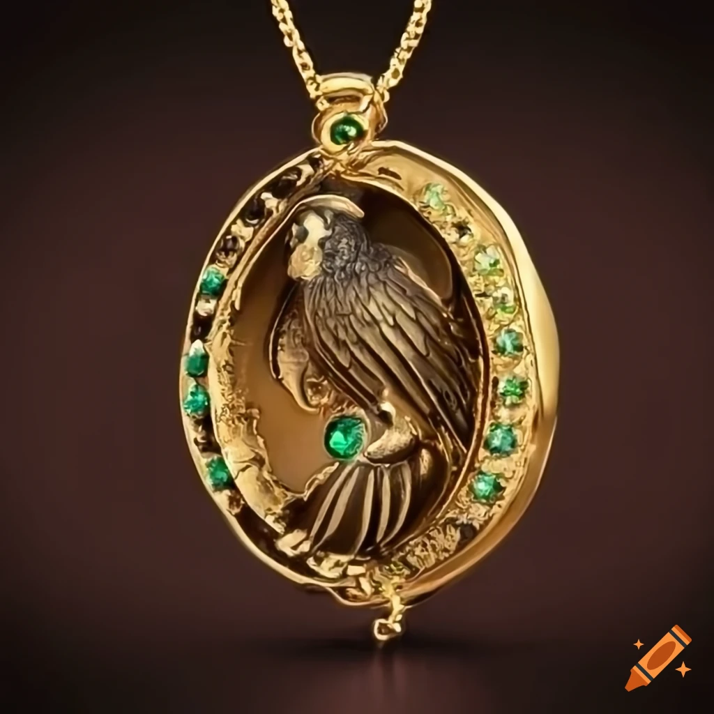 Golden locket with a raven and emerald on Craiyon