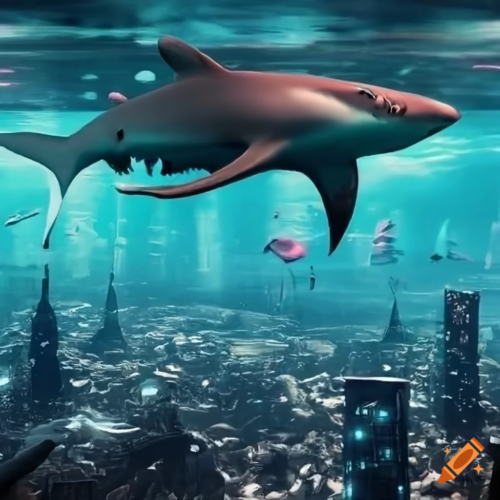 Cyberpunk Hammerhead shark in futuristic underwater city on Craiyon