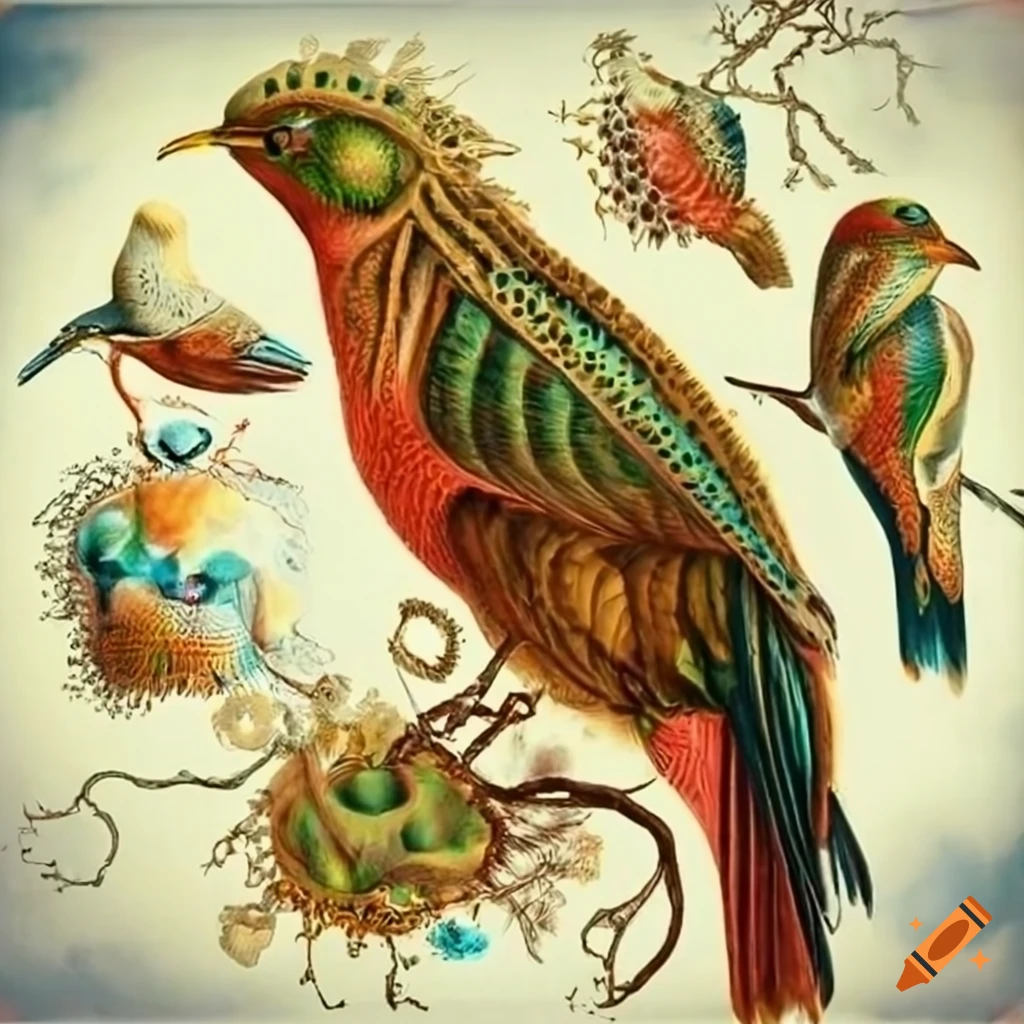 Surreal artwork of exotic birds with detailed feathers and strange fruits in the mist on Craiyon