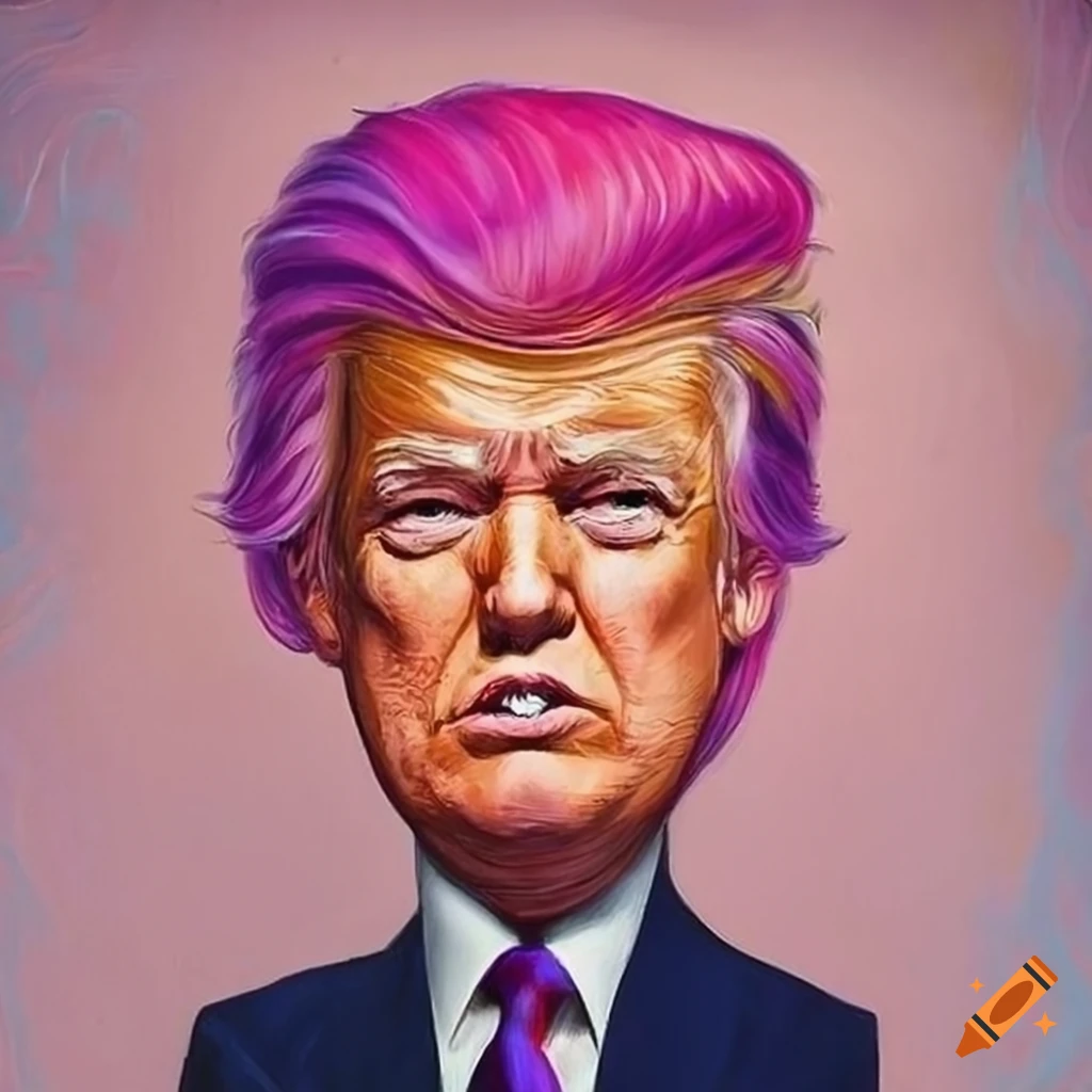 Surrealist painting of Donald Trump with flowing pink hair on Craiyon