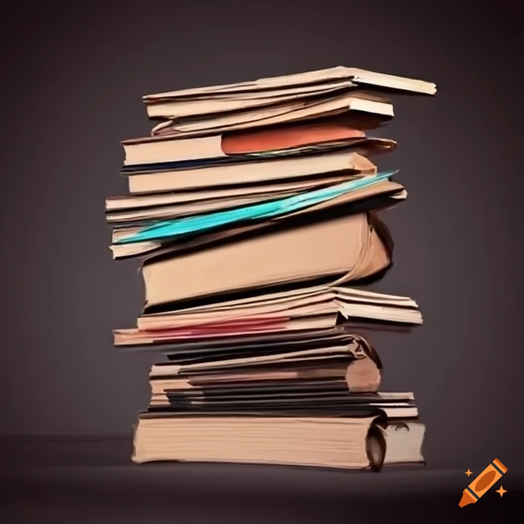 Painterly depiction of stacked books in a library on Craiyon
