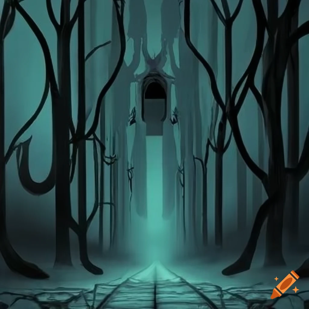 Art deco style illustration of a spooky woods on Craiyon