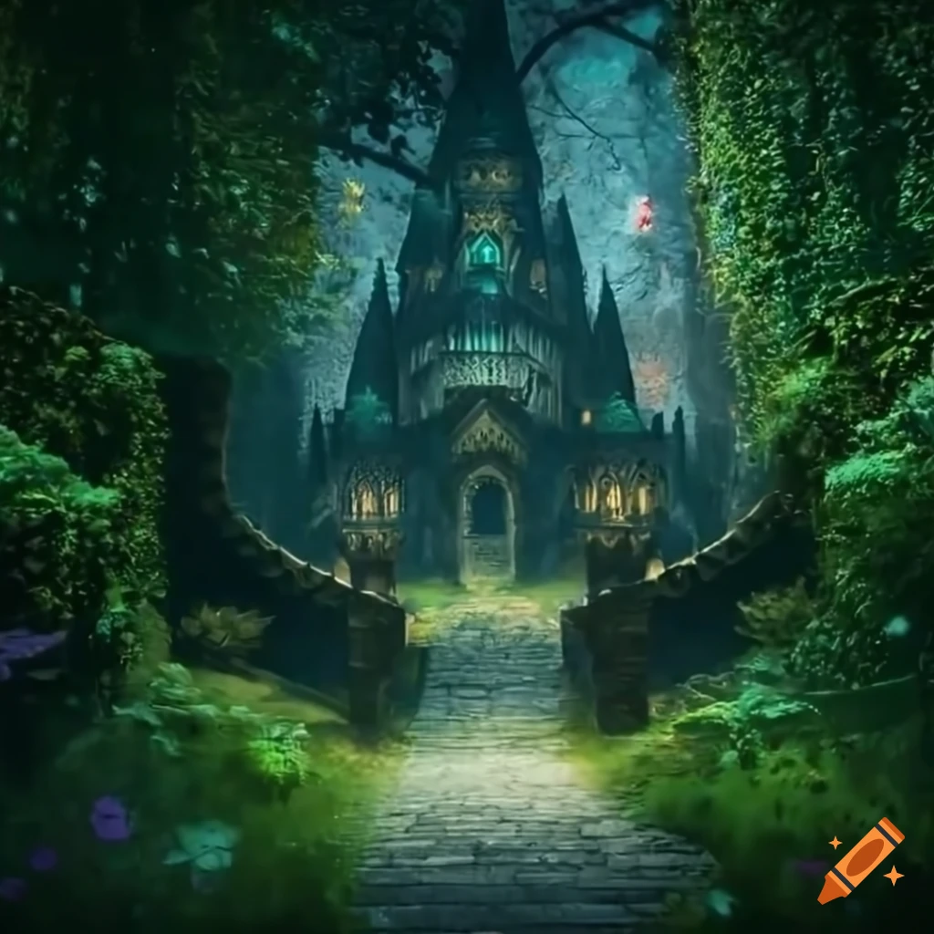 Image of an elven castle surrounded by flowers and crystals on Craiyon