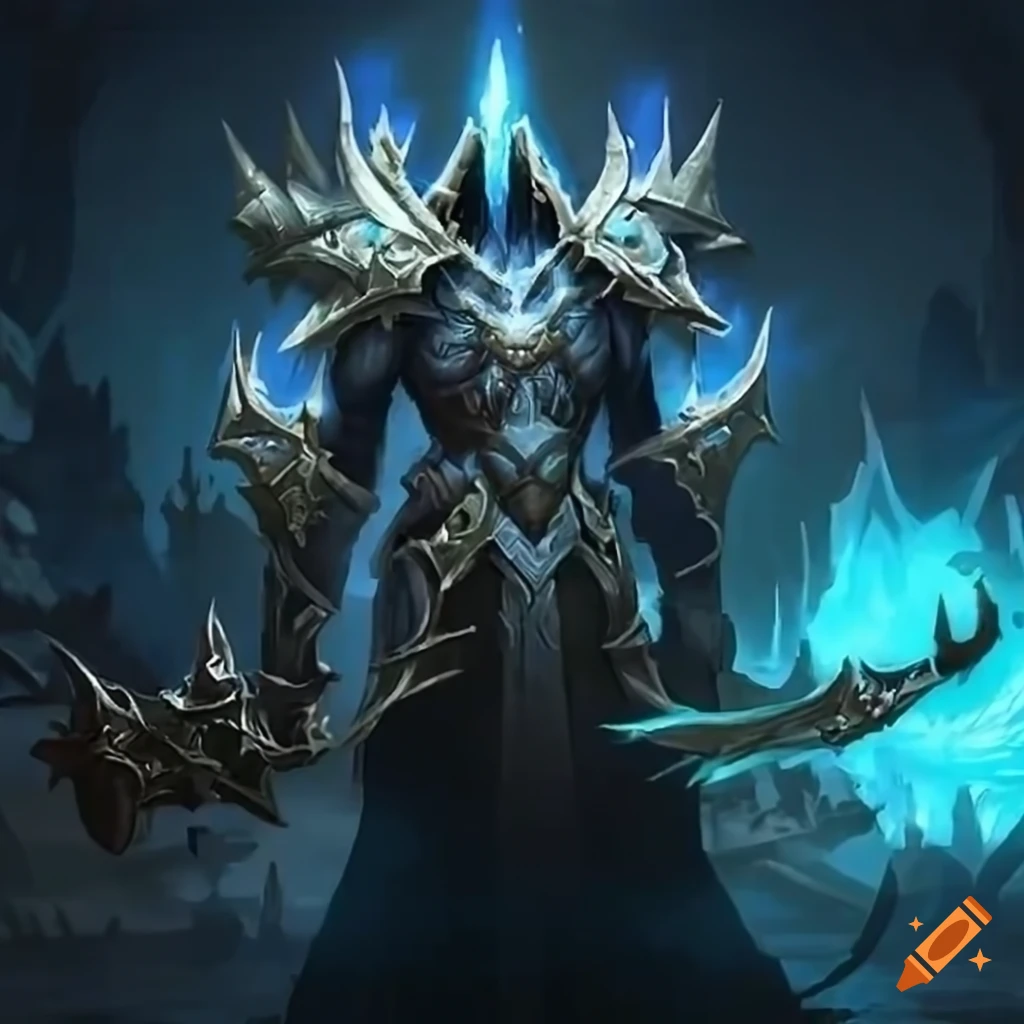 Concept art of a fusion between the Lich King and Malthael on Craiyon