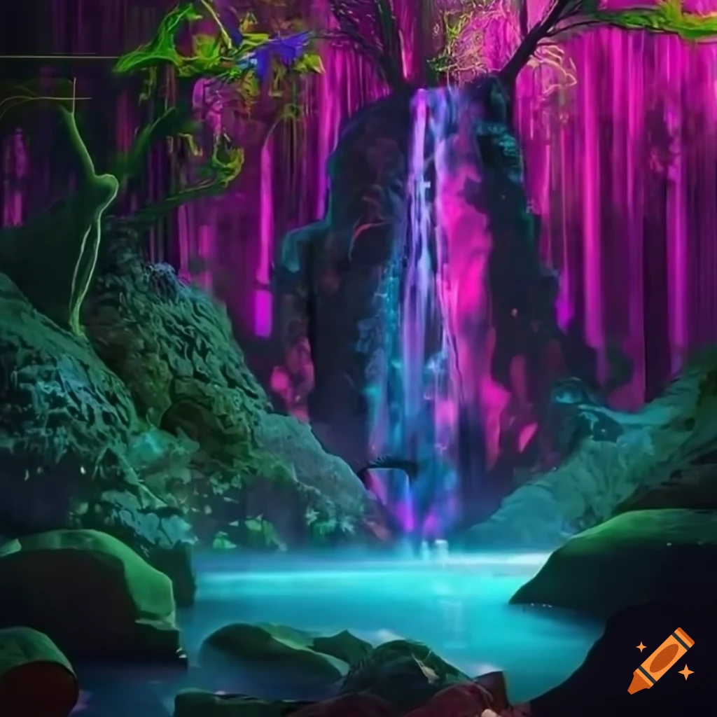 Neon waterfall in a cyberpunk forest on Craiyon
