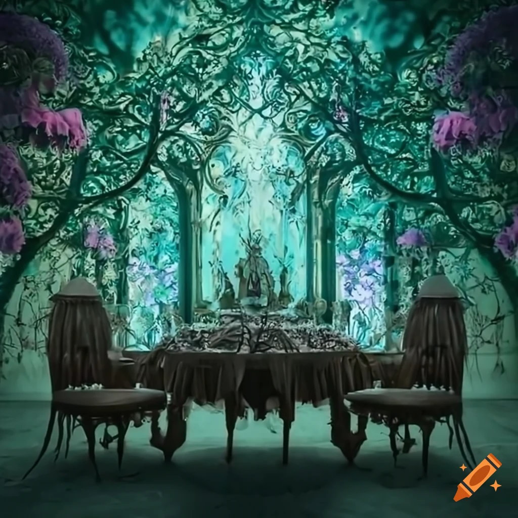 Elven castle banquet room with crystal table and flower decor on Craiyon