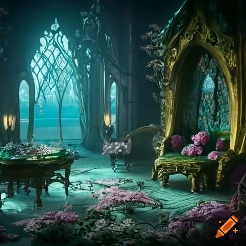 Elven castle living room with crystal furniture on Craiyon