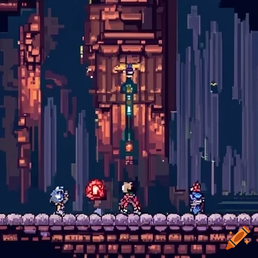 Zoomed pixel art of a technologic metroidvania protagonist on Craiyon