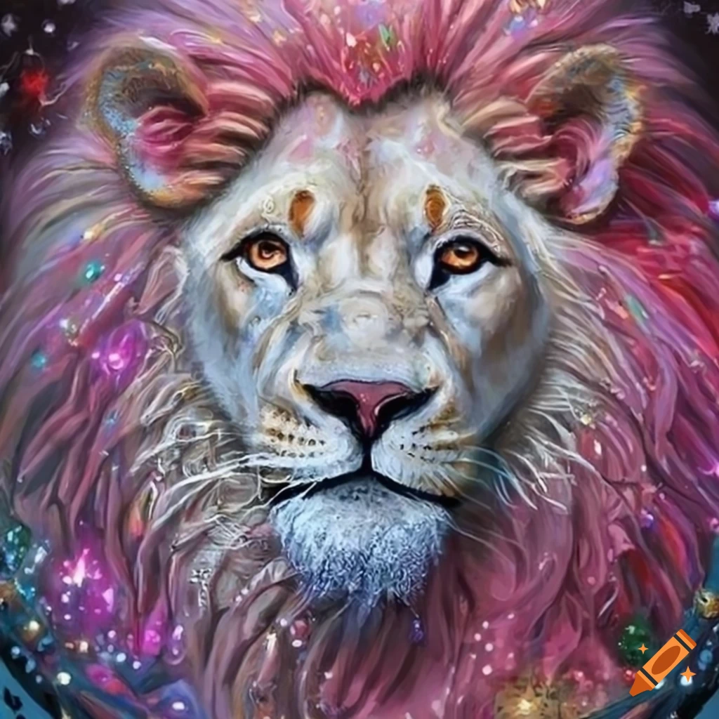 Hyperrealistic white lion painting with diamonds and glitter on Craiyon