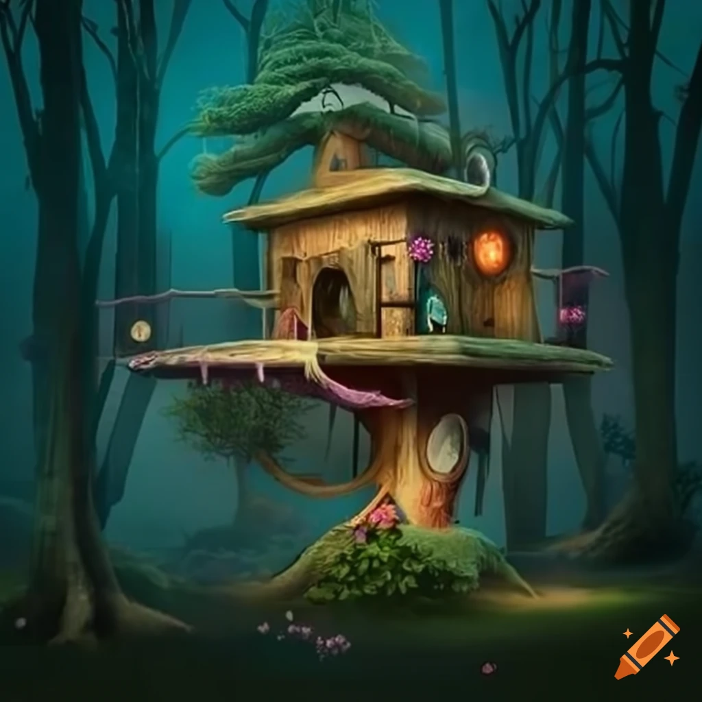 Charming treehouse in a whimsical forest on Craiyon