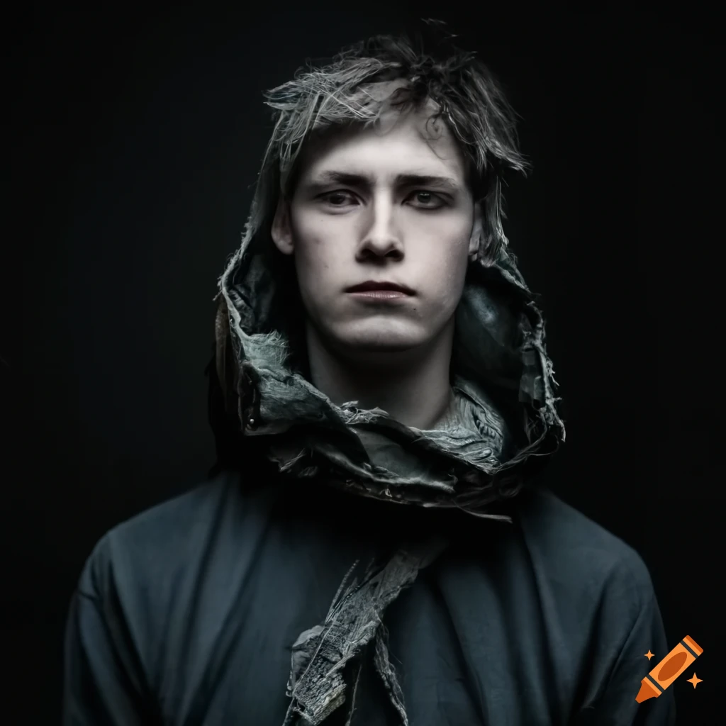 Dramatic portrait of a man with torn clothes and wrapped face on Craiyon