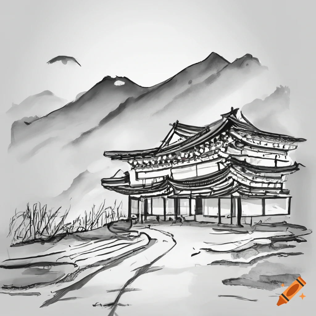Pencil sketch of an ancient Korean landscape on Craiyon