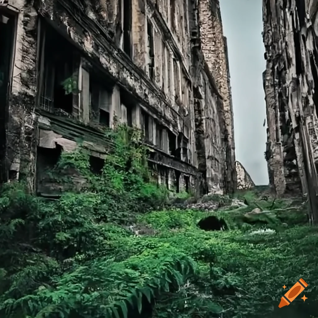 Nature reclaiming an abandoned building on Craiyon
