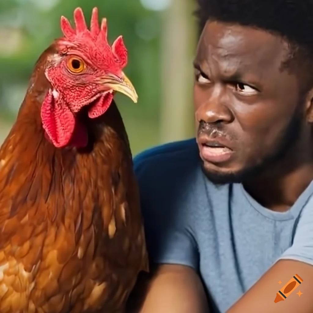 Humorous image of an angry black man with chicken on Craiyon