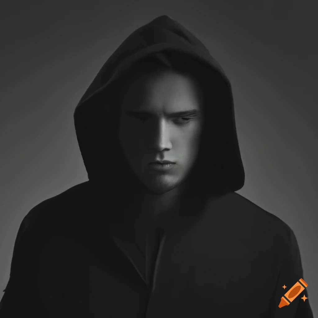 Portrait of a hooded man looking downwards on Craiyon