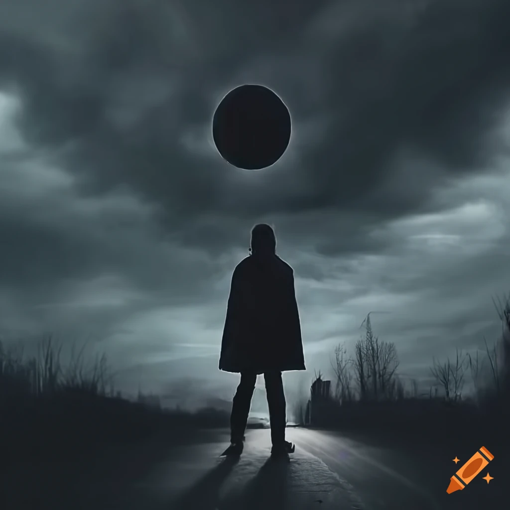 Detailed artwork of a person facing an ominous giant eye in the sky on ...