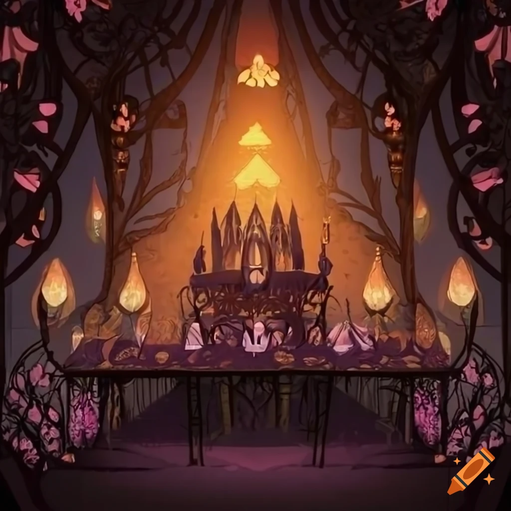 Elven castle banquet room with crystal table and flower decor on Craiyon