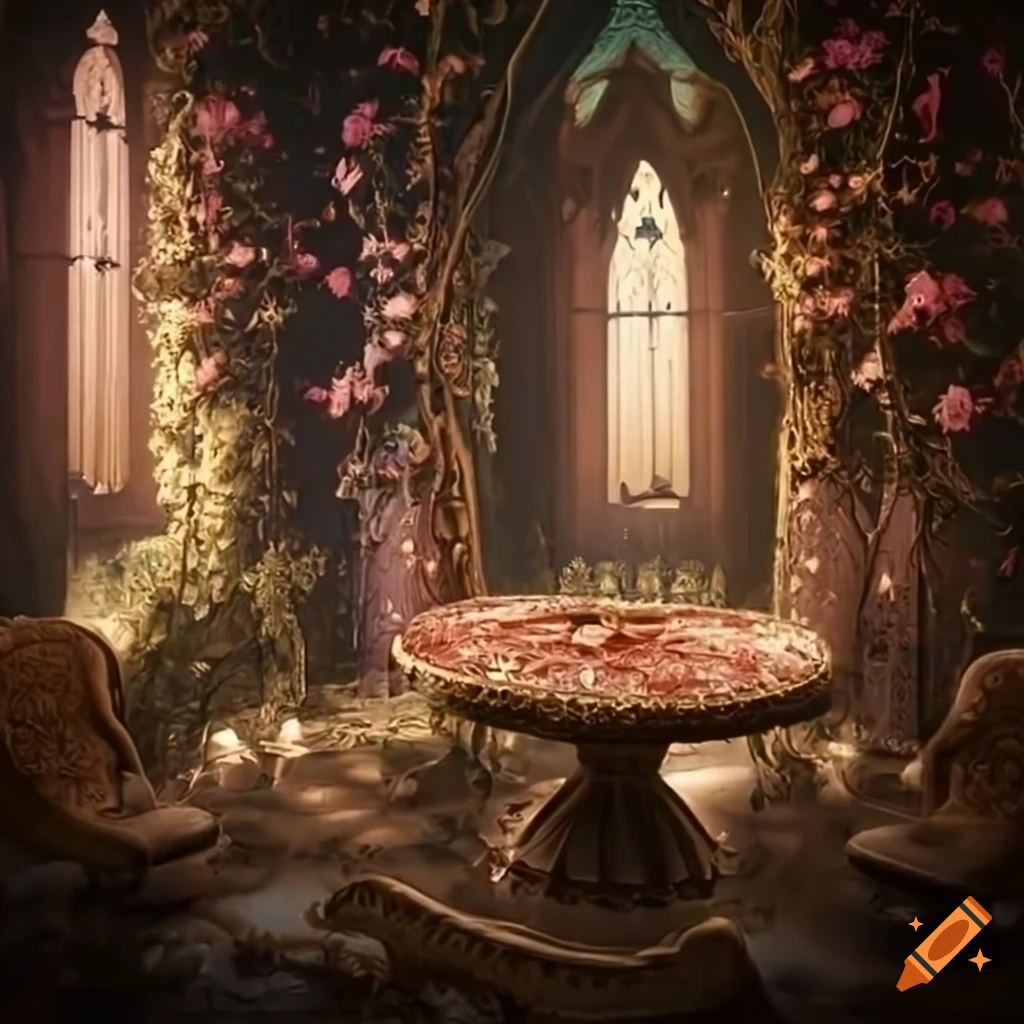 Interior design of a luxurious elven castle powder room on Craiyon