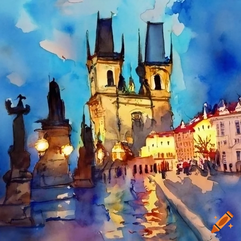 Watercolor painting of prague charles bridge