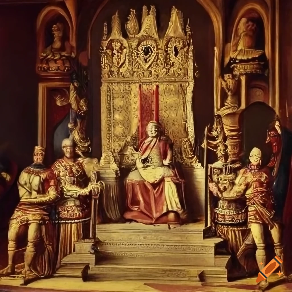Illustration of a powerful king sitting on a throne on Craiyon