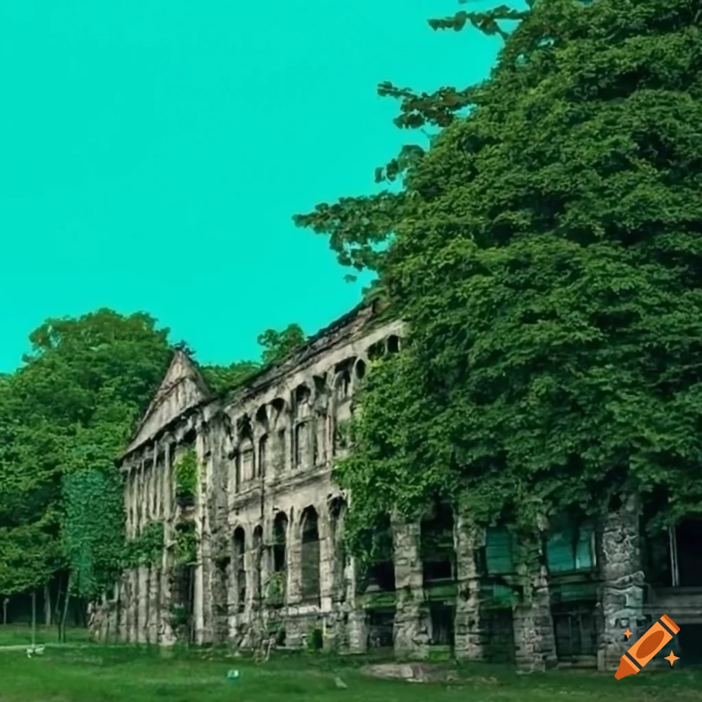 Vividly colored ruin of a municipal carpark surrounded by cherry trees ...