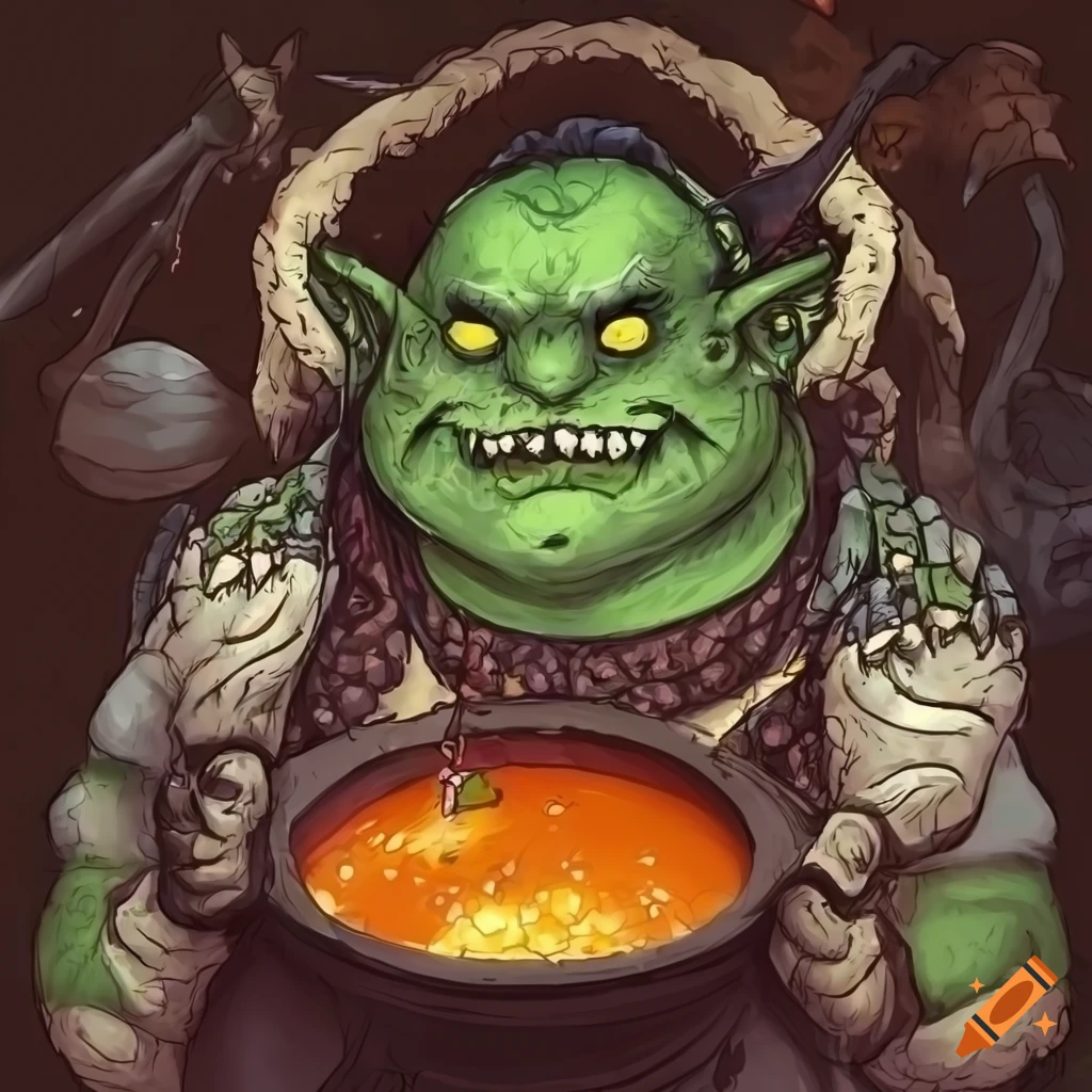 Gritty fantasy art of a cheerful orc druid cooking stew on Craiyon