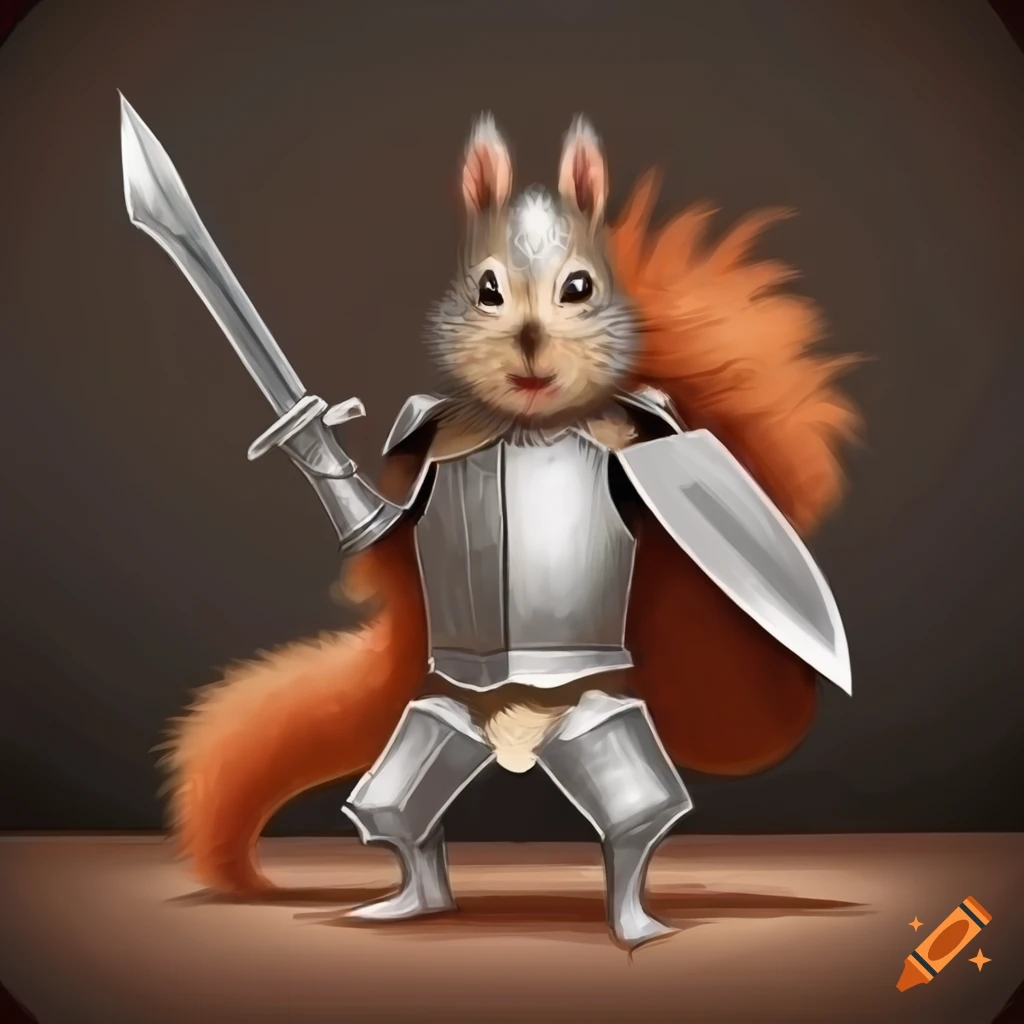 Storybook illustration of a red squirrel as a knight on Craiyon
