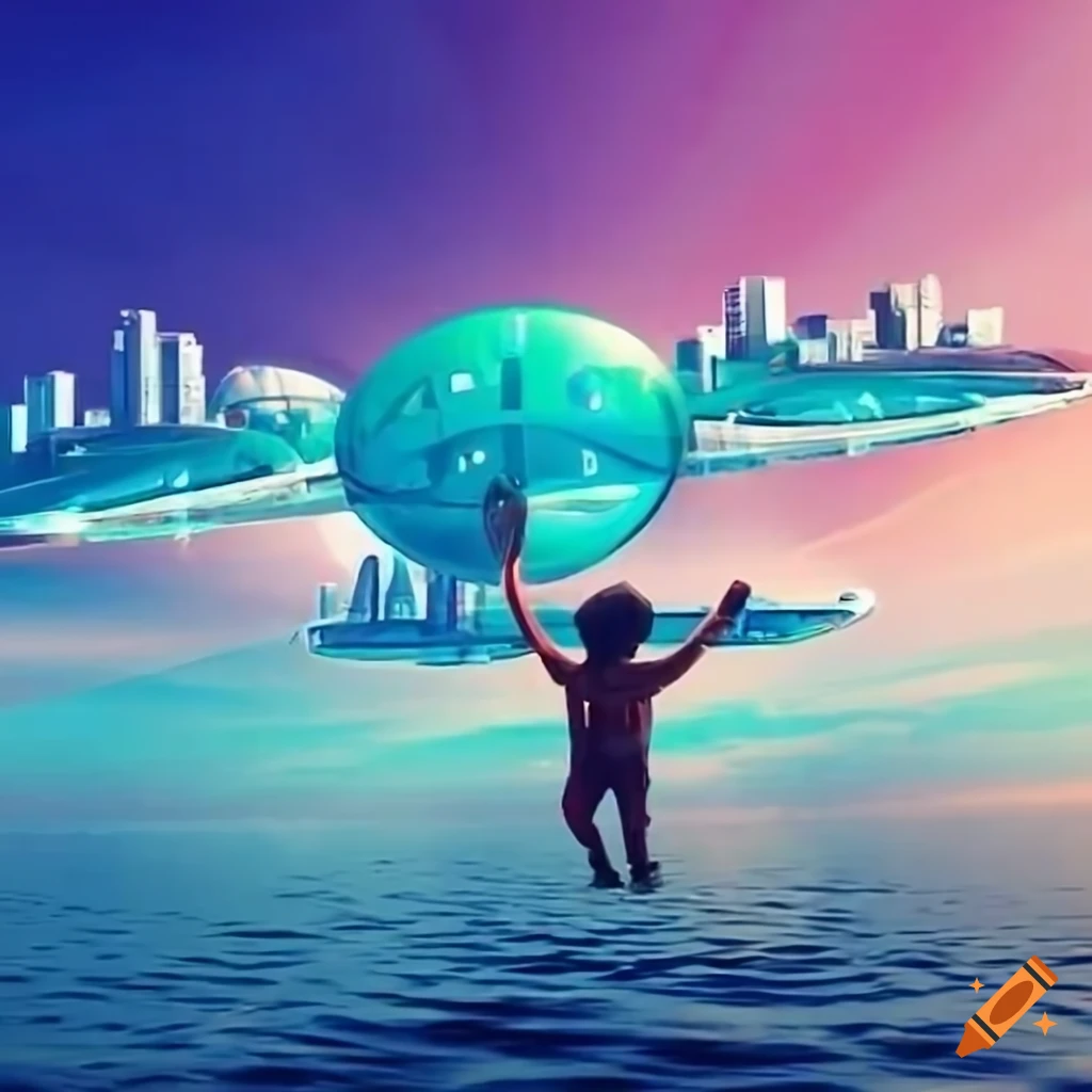 Frutiger aero image of a flying kid with futuristic city below on Craiyon