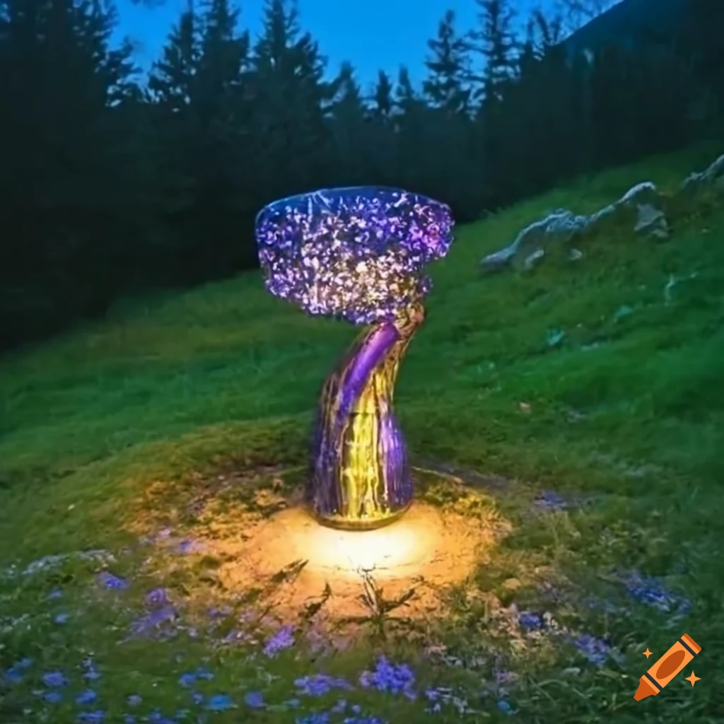 Sculpture of distorted static with illuminating pedestal in a garden on ...