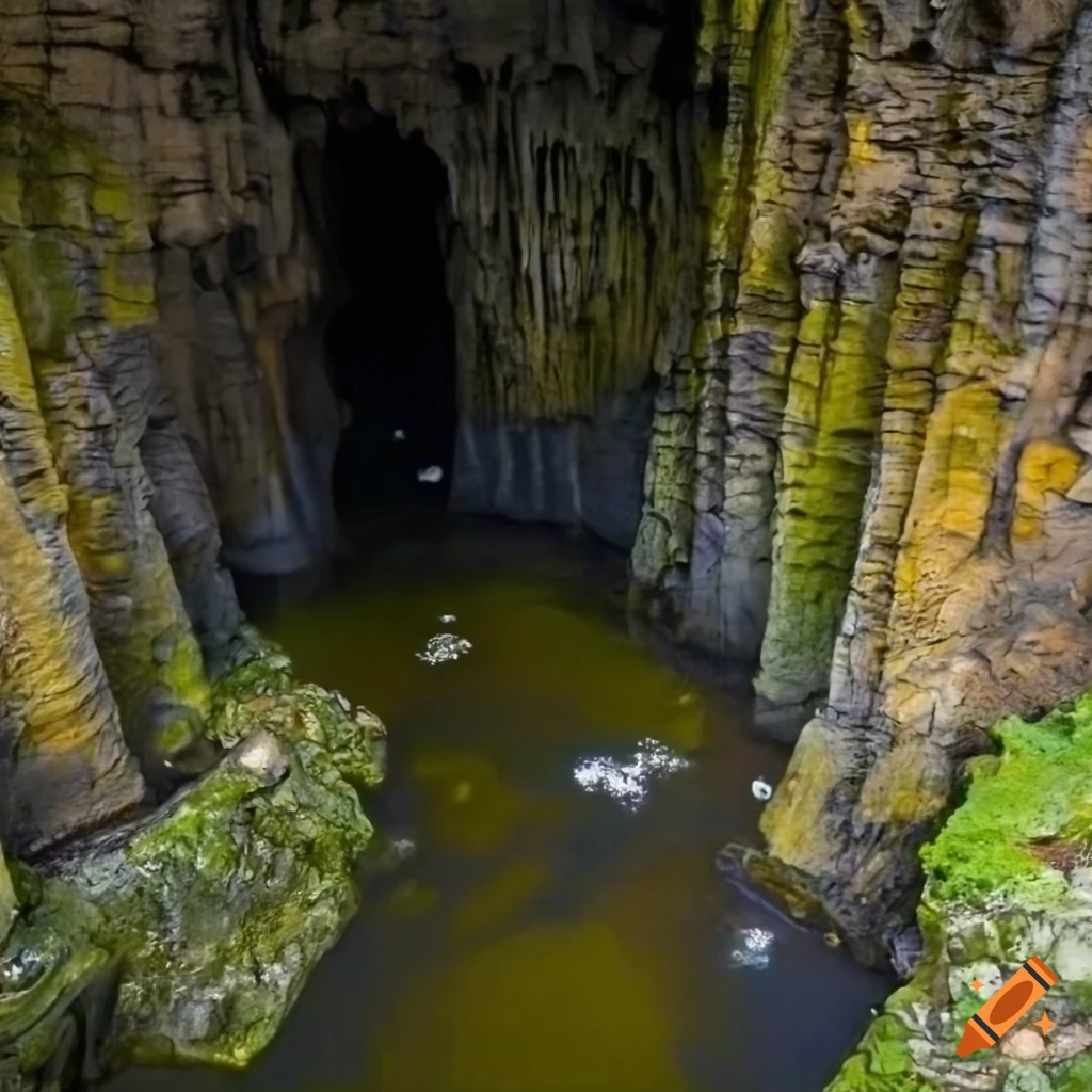 Image of a dark cavern with basalt pillars and seaweed on Craiyon
