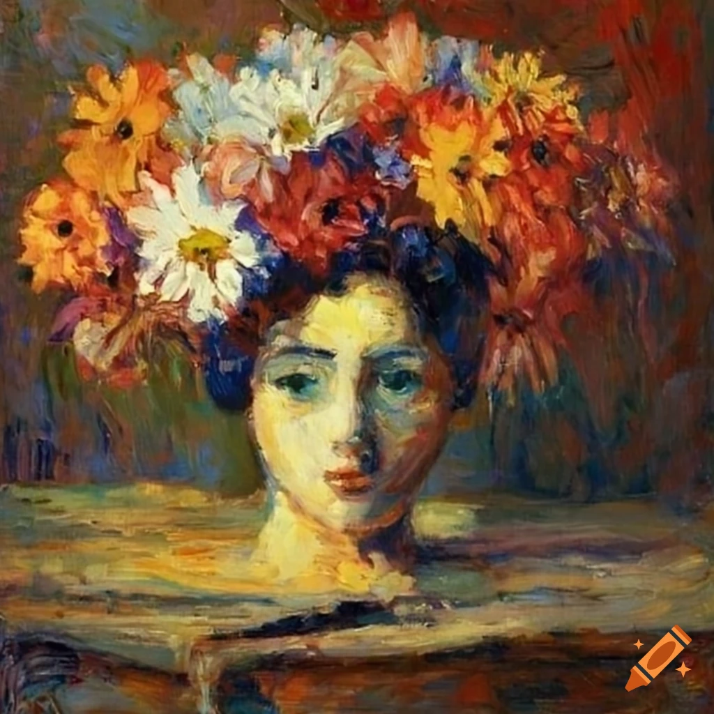 Impressionist painting of a head with flowers on Craiyon