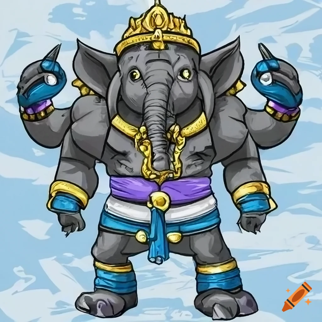 Illustration of a four-armed elephant god ready for battle on Craiyon