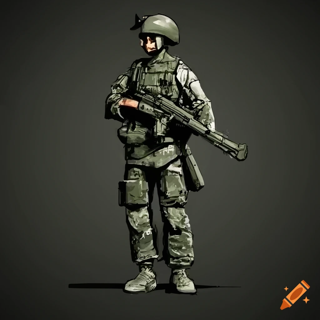 Hand-drawn modern soldier standing in combat on Craiyon