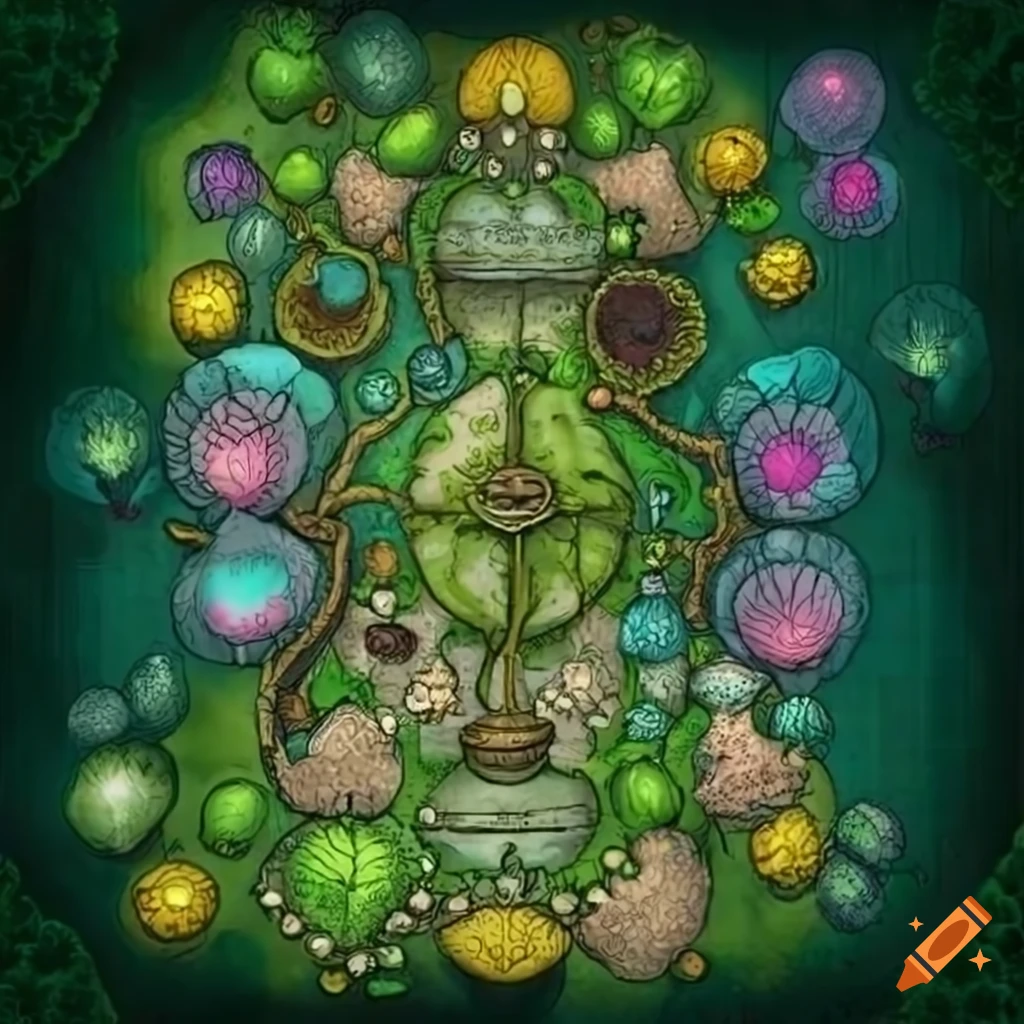 Dnd map of a mystical garden with potions and magical plants on Craiyon