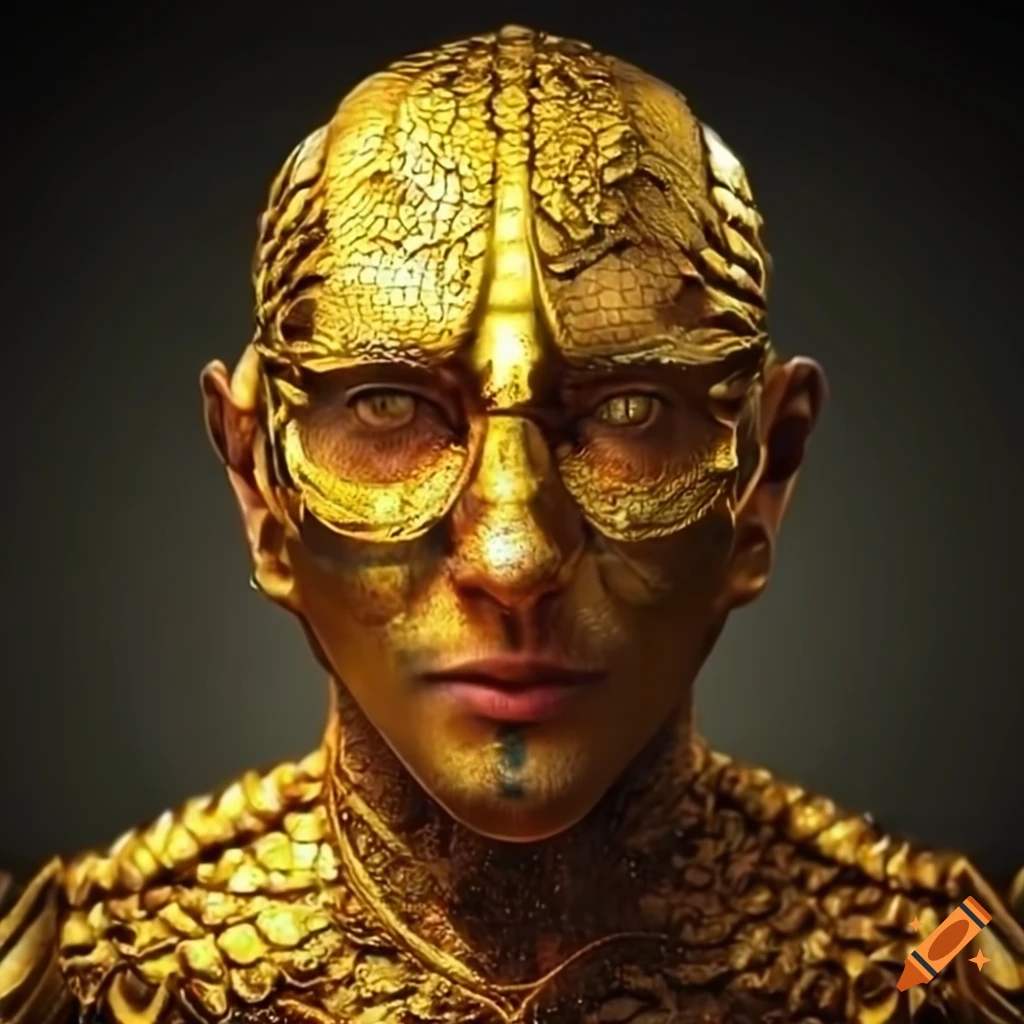 Close-up of a man with golden dragon scales