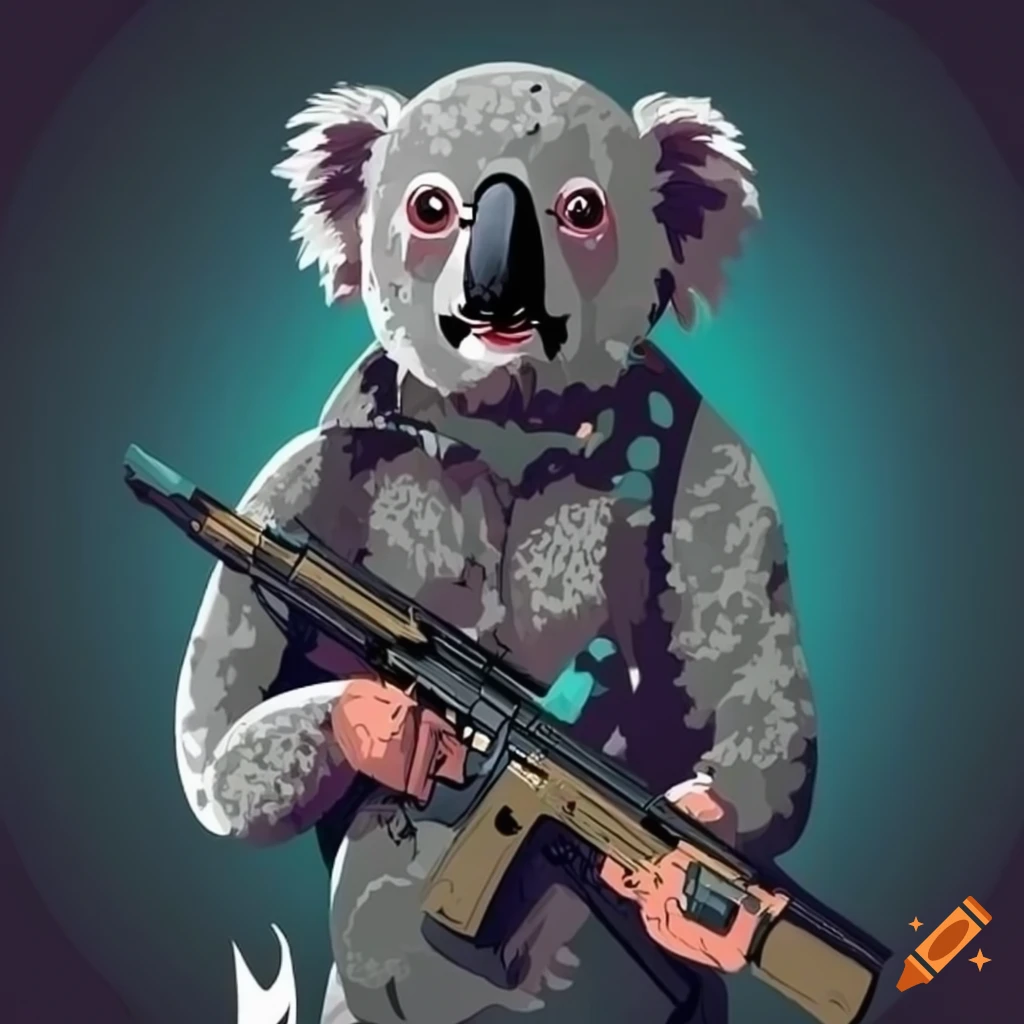 Artistic depiction of a koala-human with a powerful weapon on Craiyon