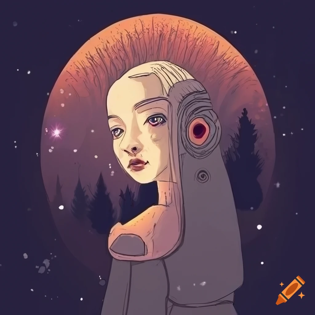 Minimalistic pen and ink illustration of a futuristic space princess in ...