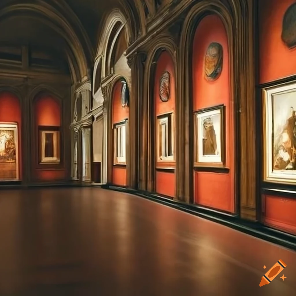 Interior of a museum hall with paintings on Craiyon