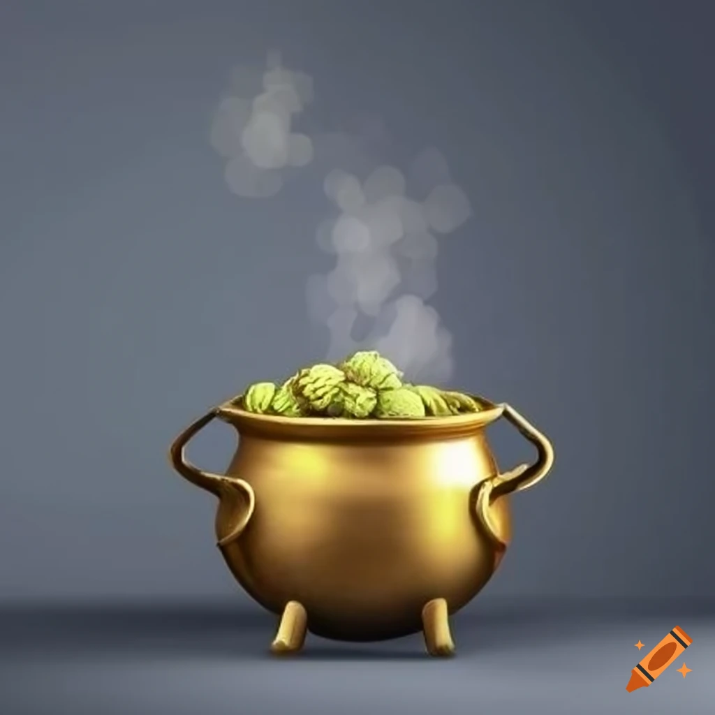 Boiling mixture of hops and sugar in a gold cauldron on Craiyon