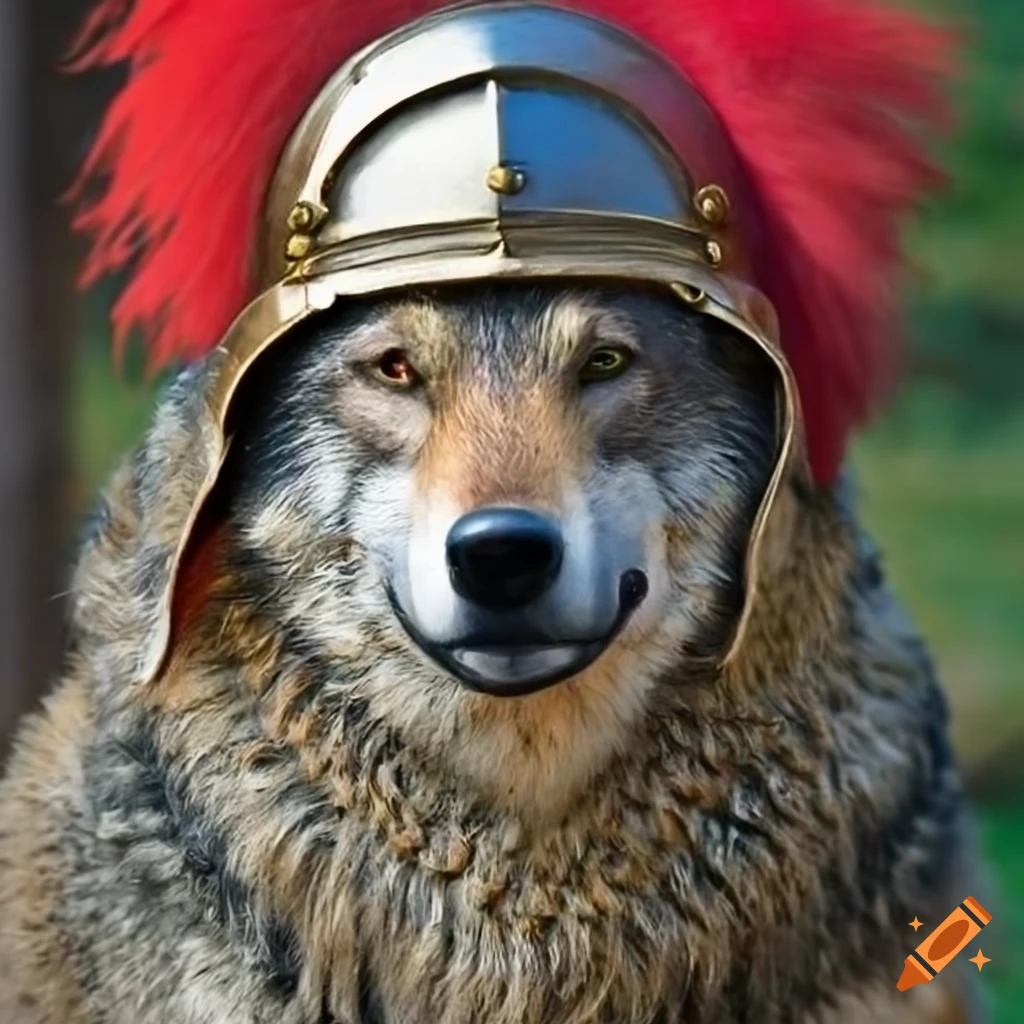 Wolf wearing a roman helmet with red plumes on Craiyon